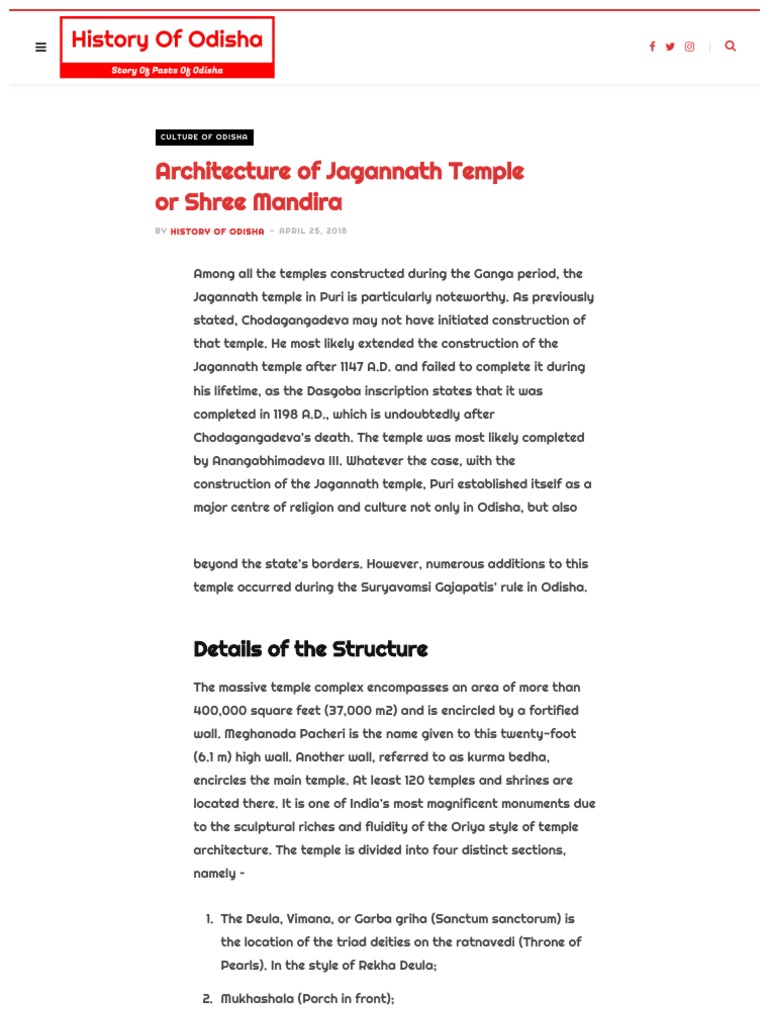 Architecture of Jagannath Temple or Shree Mandira - History of Odisha | PDF | Indian Religions