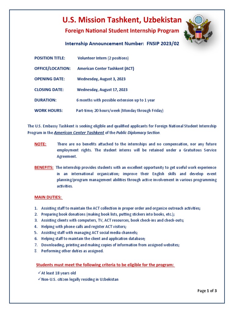 2023-02 Internship Announcement American Center Tashkent | PDF ...