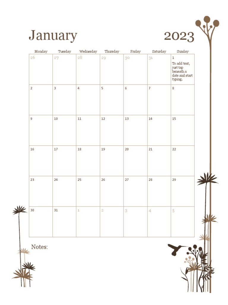 Hummingbird 12-Month Calendar Mon-Sun | PDF