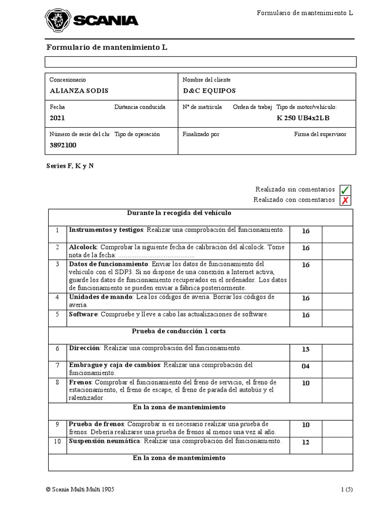 PM Check List L K-250 Scania Diesel | PDF