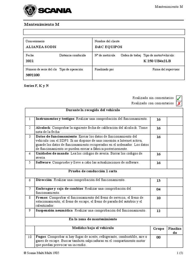 PM Check List M K-250 Scania Diesel | PDF | Eje | Tecnología de vehículos