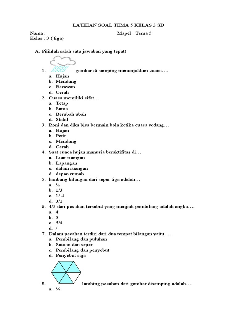 Soal Cuaca dan Pecahan Kelas 3 SD | PDF | Seni & Disiplin Bahasa
