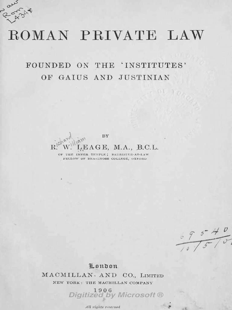 Roman Private Law Founded On The 'Institutes' of Gaius and Justinian ...