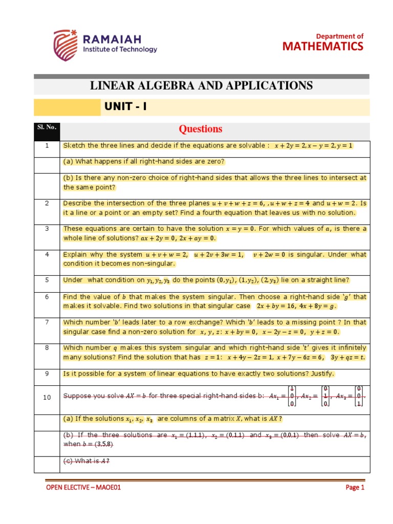 LINEAR ALGEBRA QuestionBank 2020 Open Elective | PDF