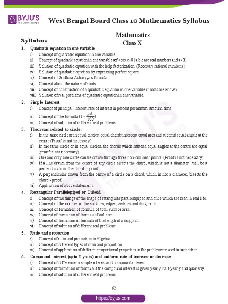 West Bengal Board Class 10 Mathematics Syllabus | PDF