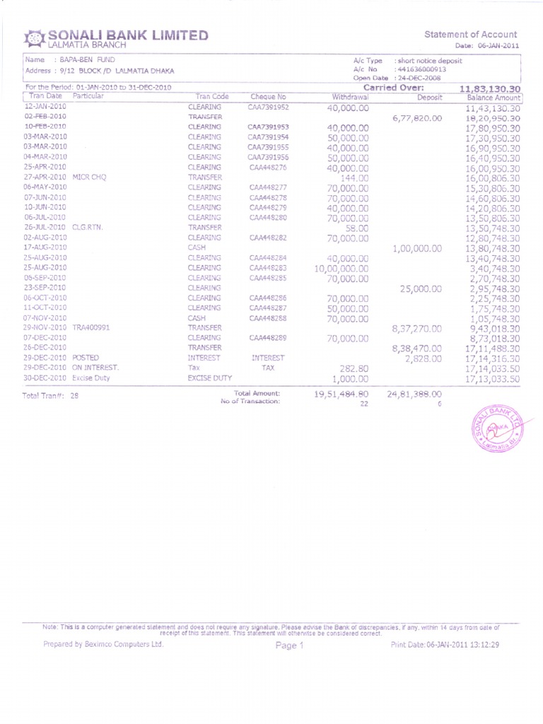 Sonali Bank - Statement of Account 2010 | PDF