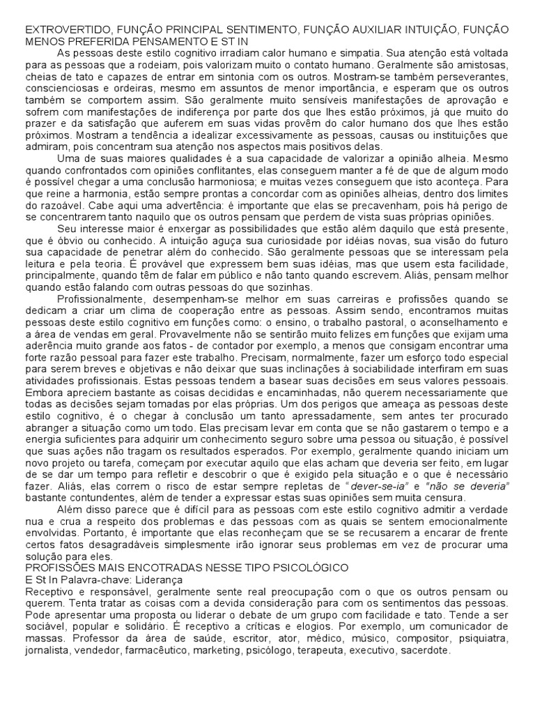 Tipos Psicologicos | PDF | Pensamento | Extroversão e introversão