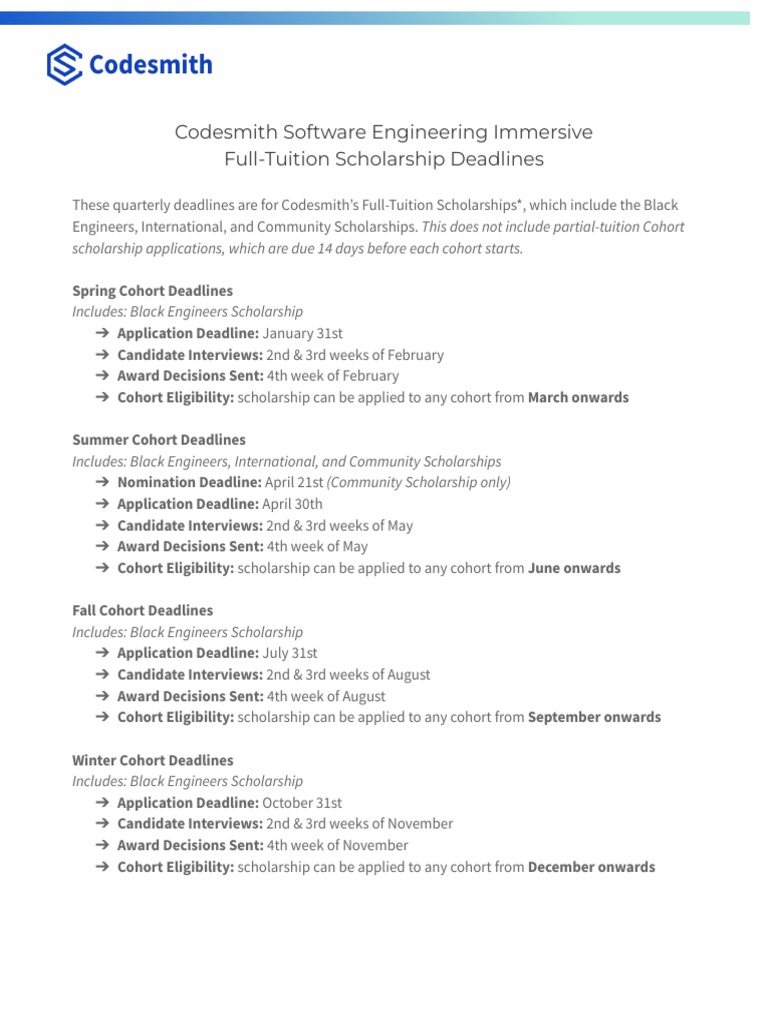 Codesmith Software Engineering Immersive Scholarship Deadlines 2023 | PDF