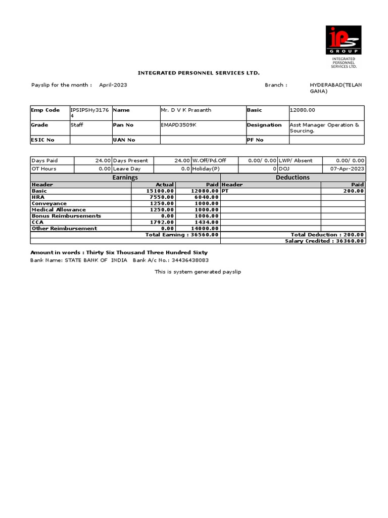 April 2023 Salary Slip - IPS Ltd. | PDF