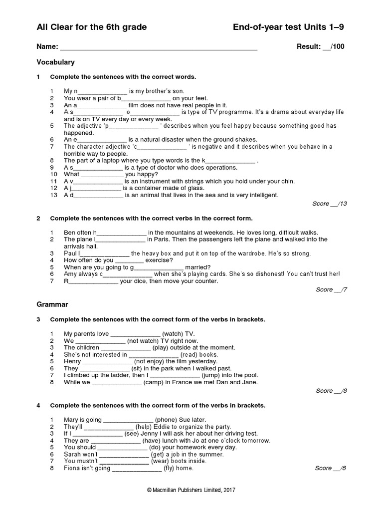 All Clear 6th Grade End of Year Test | PDF | Wellness