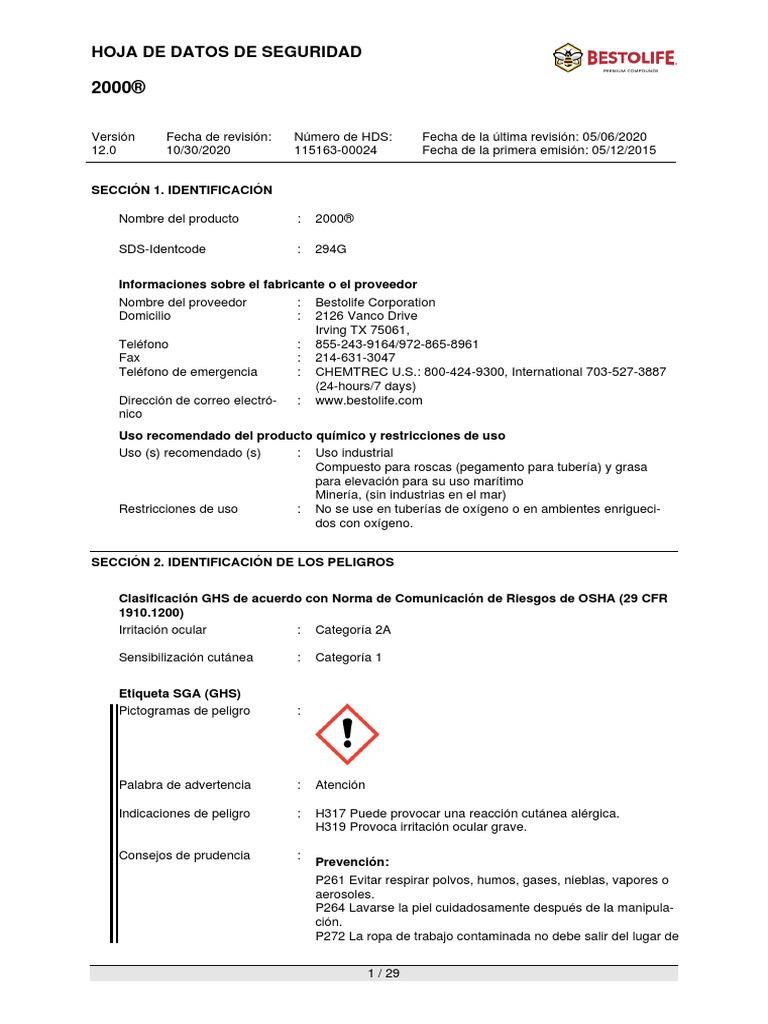 MSDS Bestolife 2000 | PDF | Química | Materiales