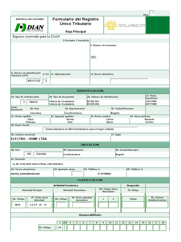 Formulario Del Registro Único Tributario: Espacio Reservado para La ...