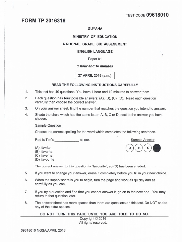 National Grade 6 Assessment 2016 English Language Paper 1 | PDF