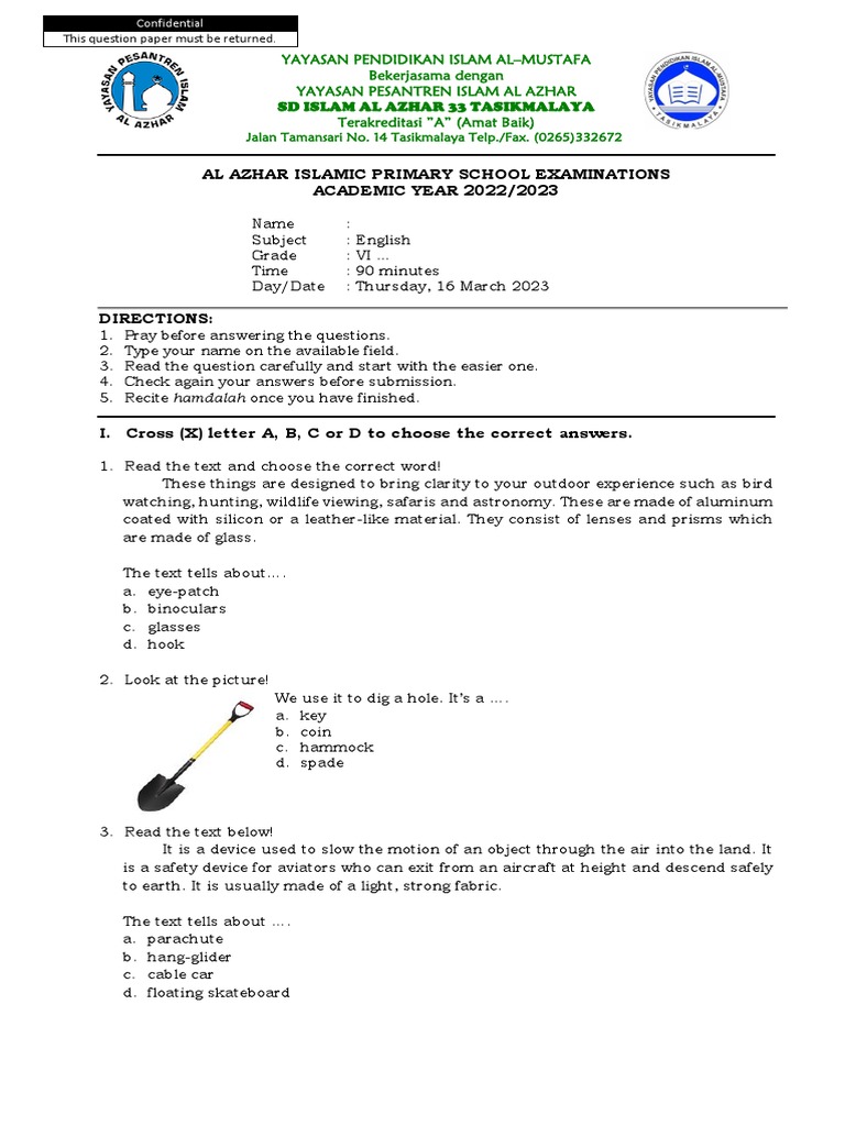 Al Azhar Islamic Primary School Exam 2023 | PDF | Classroom
