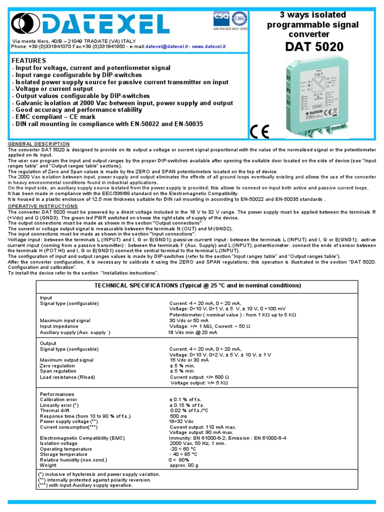 DAT 5020 Signal Converter Manual | PDF | Power Supply | Electromagnetic ...