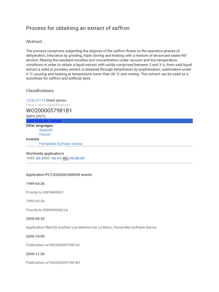 Process For Obtaining An Extract of Saffron | PDF | Water | Solubility