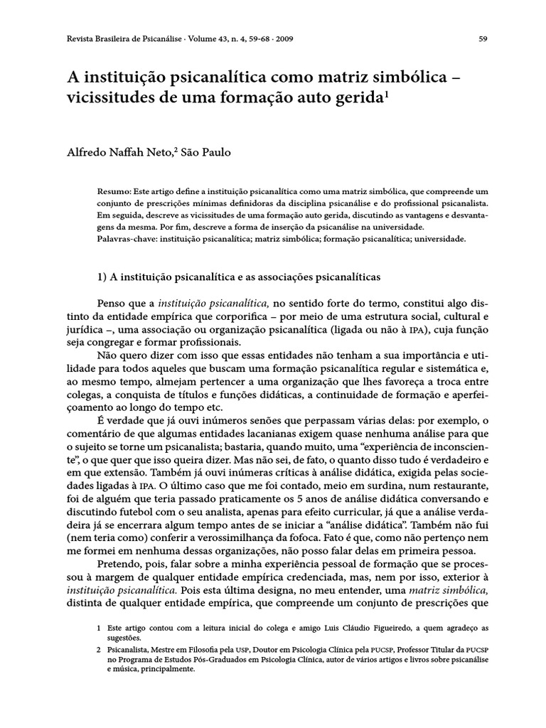 A Instituição Psicanalítica Como Matriz Simbólica - Vicissitudes de Uma ...