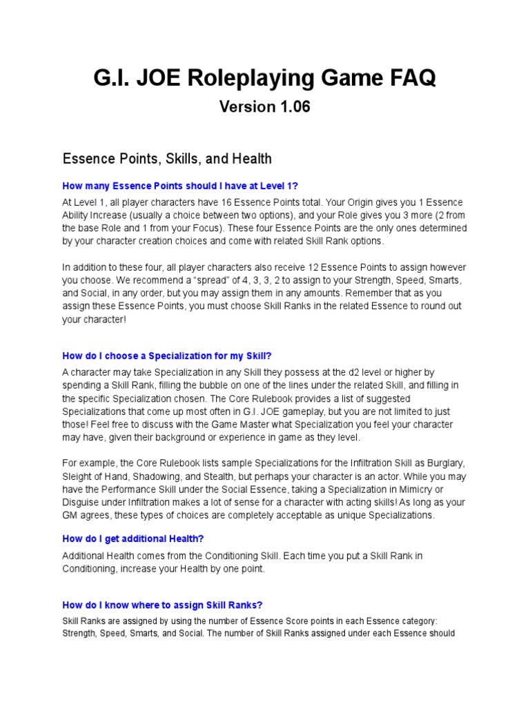 G.I. JOE Roleplaying Game FAQ 1.06 | Download Free PDF | Role Playing Games | Role Playing