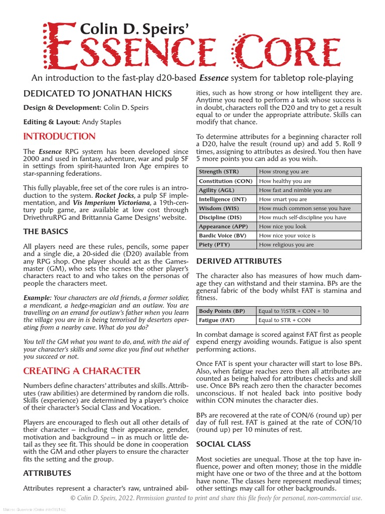 Essence Core RPG: Free Rules Guide | PDF
