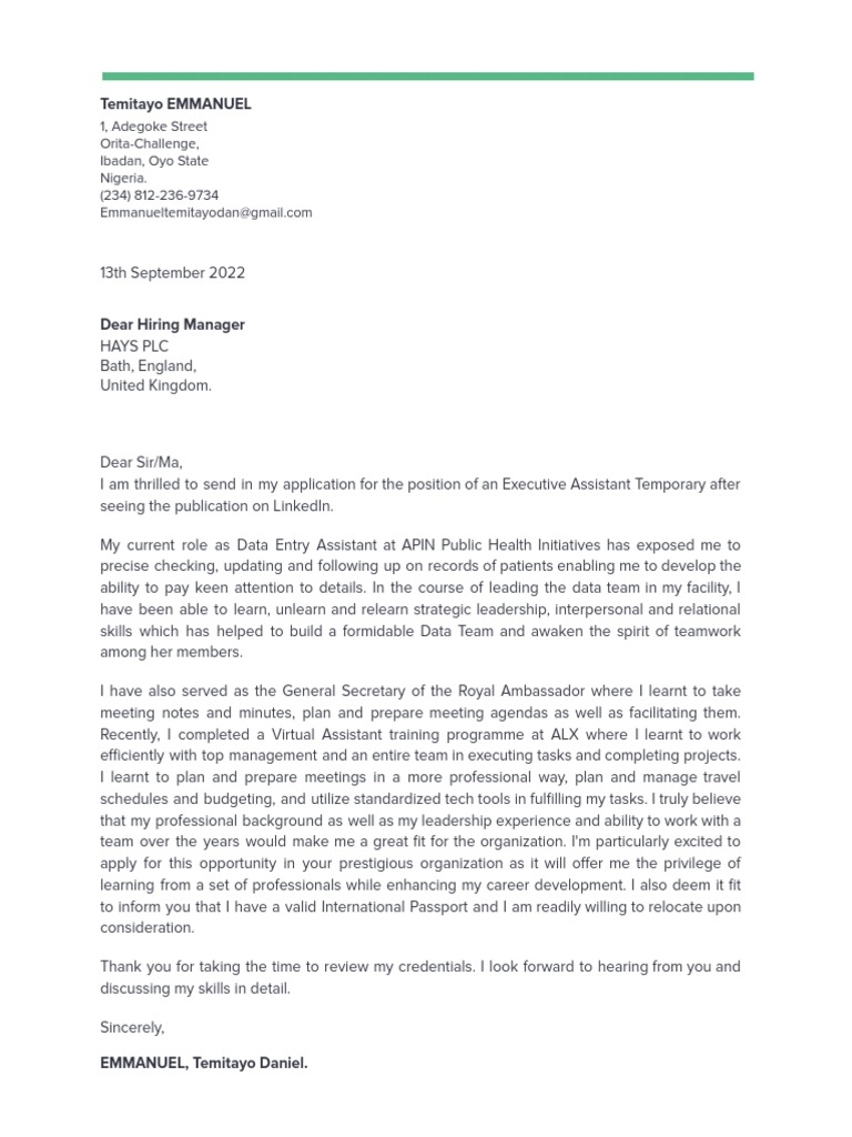 HAYS Cover Letter | PDF | Business | Self-Improvement