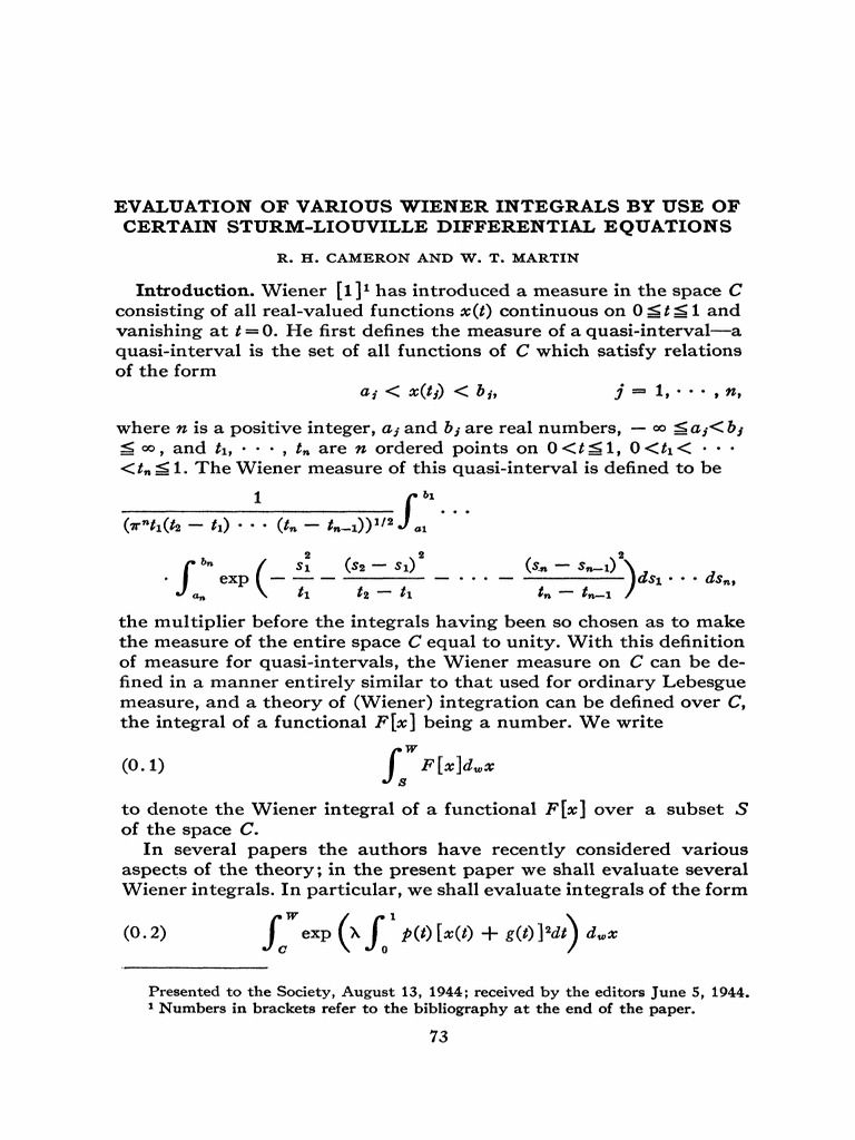 Evaluation of Various Wiener Integrals by Use of Certain Sturm-Liouville Differential Equations ...