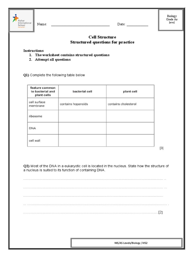 Worksheet2 Structured - Unit 1 - AS Level Biology 2 | PDF