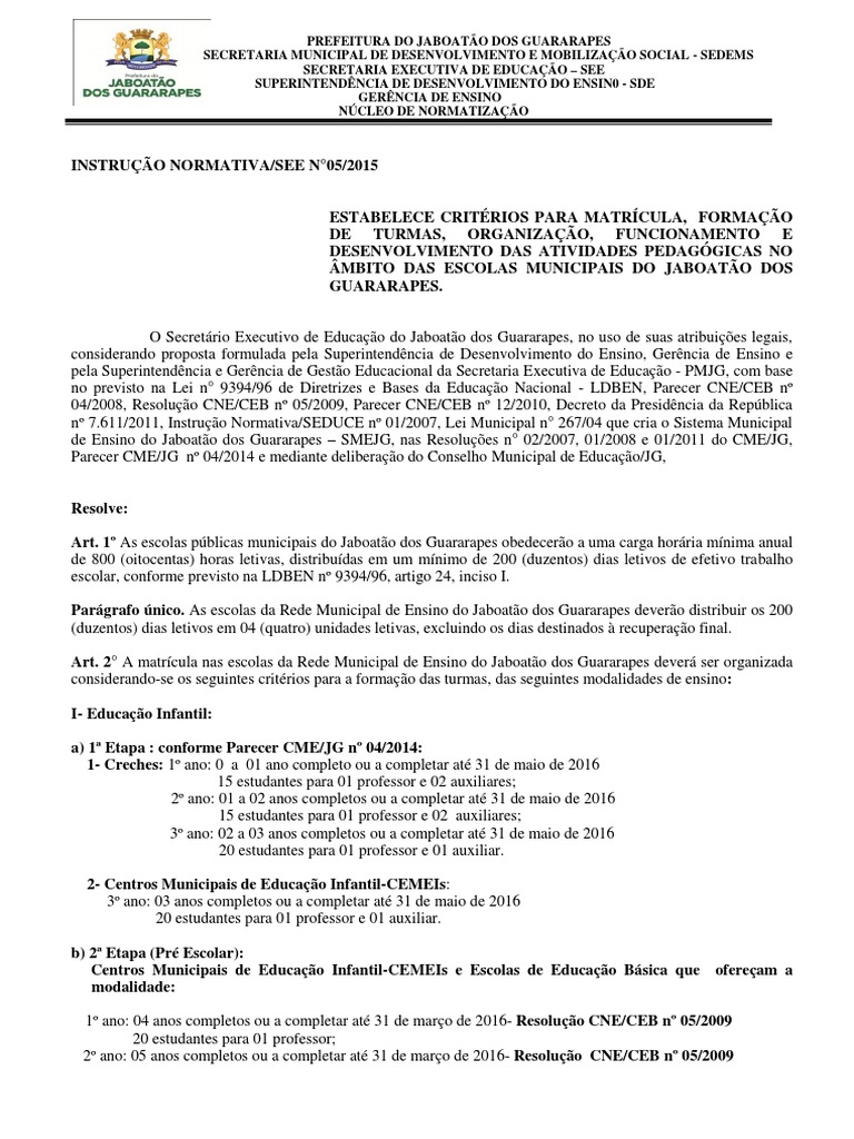 30-INSTRUÇÃO NORMATIVA - 05-2015-Matrícula | PDF | Educação Especial ...
