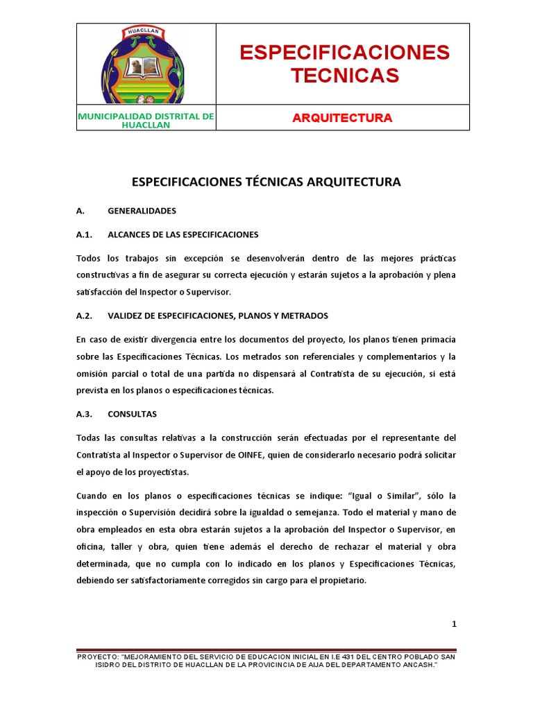 02.especificaciones Técnicas Arquitectura | PDF | Ladrillo | Cemento