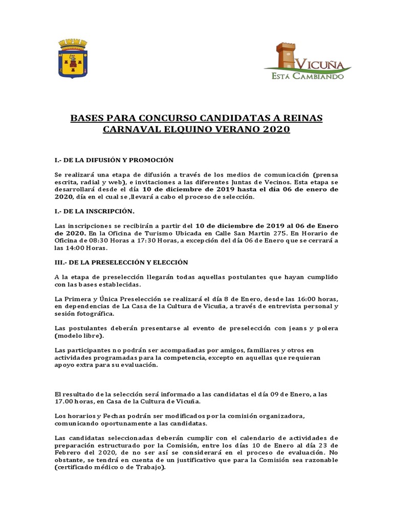 Bases para Concurso Candidatas A Reinas 2020 | PDF