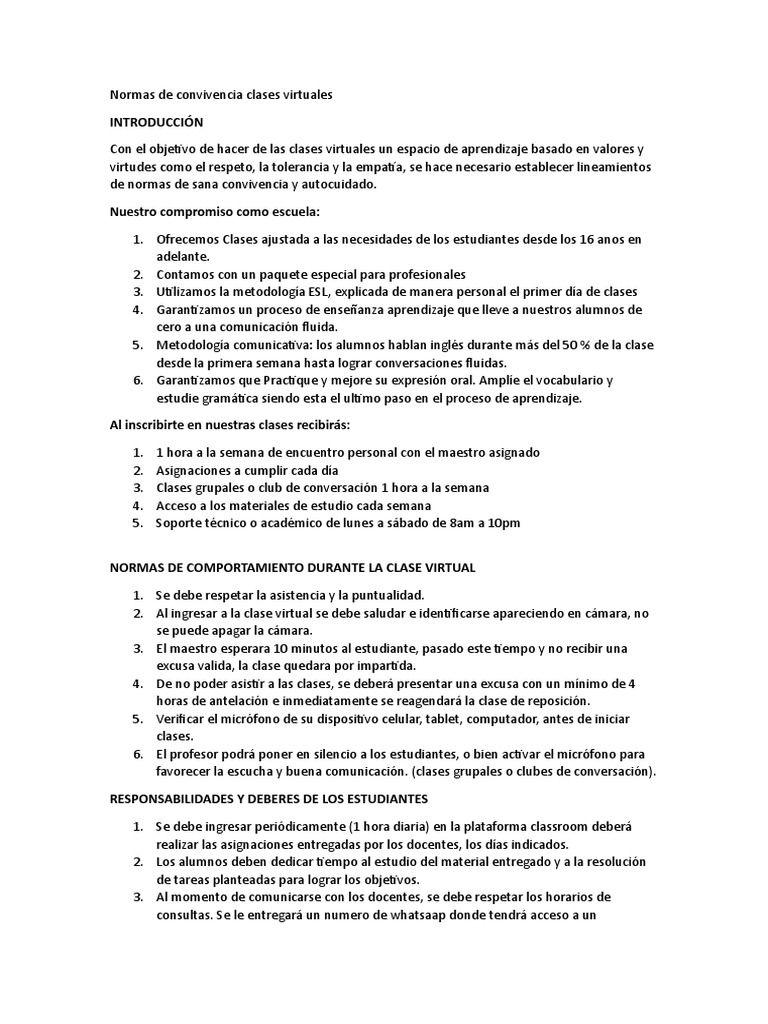Normas de Convivencia Clases Virtuales | PDF | Enseñando | Maestros