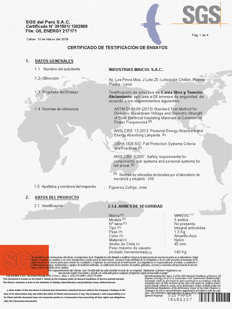 Certificado #391501/ 1302969 File: O/L ENERGY 217171 SGS Del Perú S.A.C ...