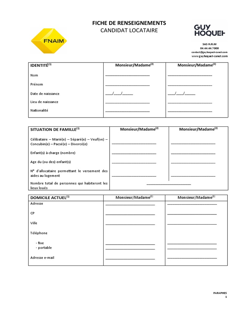Fiche de Renseignement Candidat Locataire | PDF