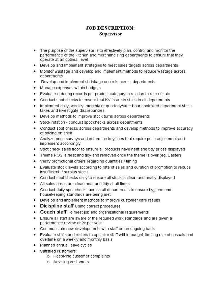 Job Description Supervisor | PDF