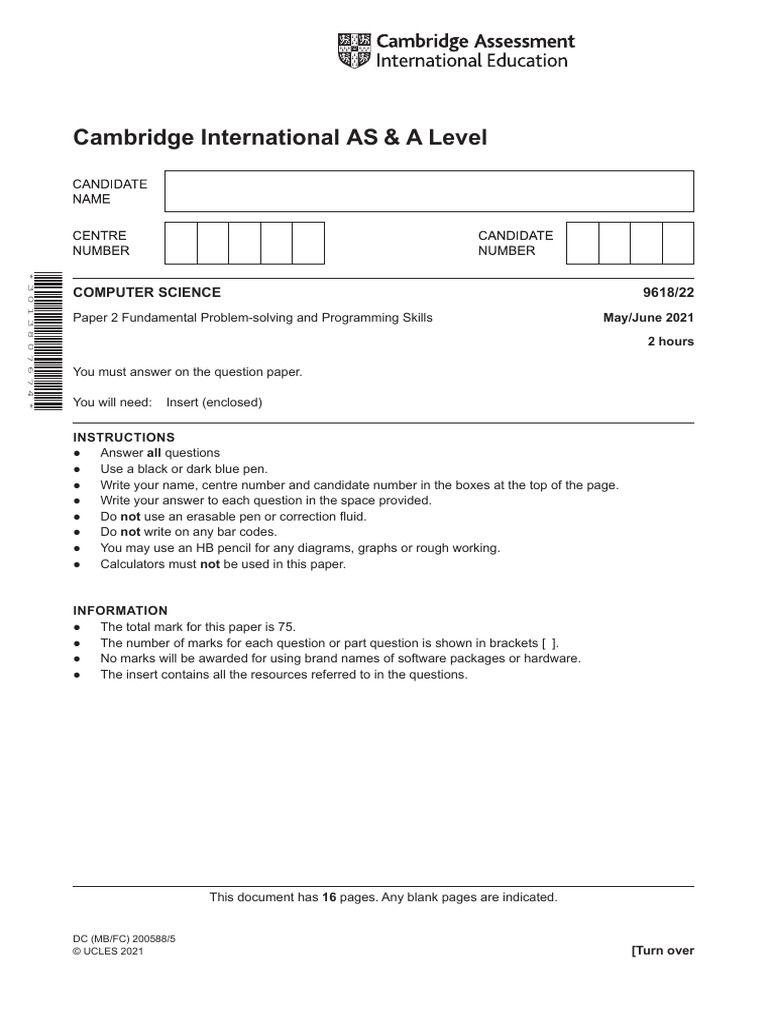 Cambridge International AS & A Level: Computer Science 9618/22 | PDF ...