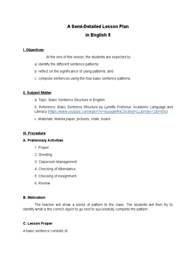 Basic Sentence Lesson Plan | PDF | Subject (Grammar) | Adverb