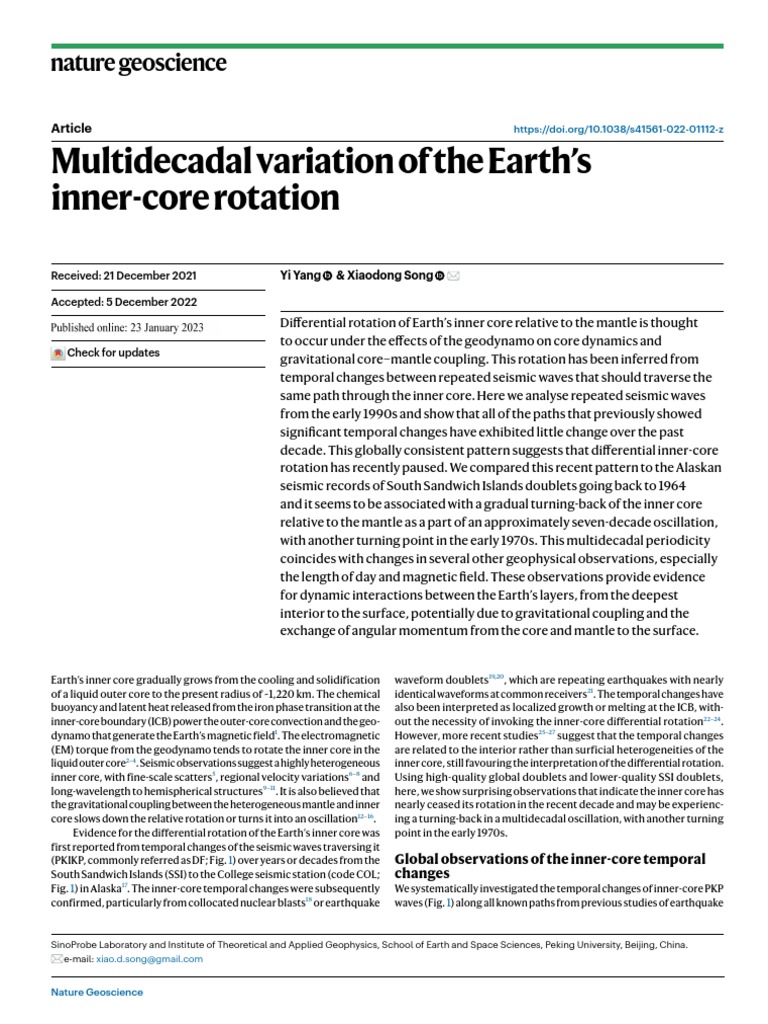 Inner Core Rotation Dynamics Explained | PDF | Planetary Core | Geophysics