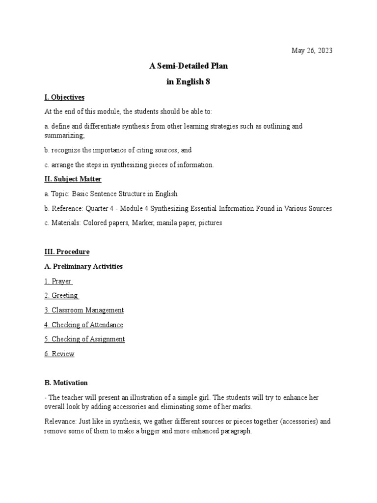 Eng8 Q4-M4 Lesson Plan | PDF | Information | Brainstorming