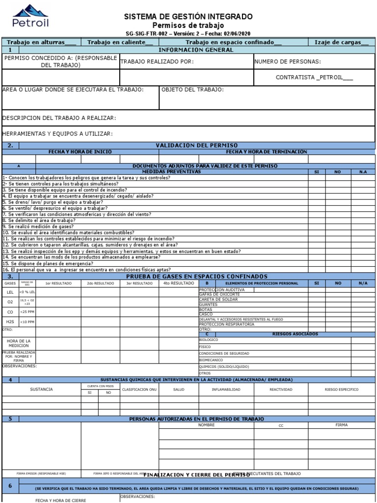 Sg-Sgi-Ftr-002-V2-Permisos de Trabajos | PDF Sg-Sgi-Ftr-002-V2-Permisos de Trabajos | PDF