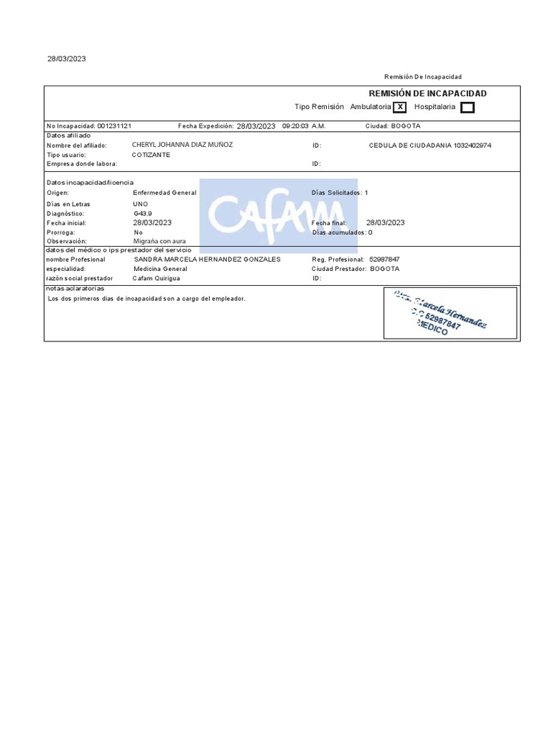 Incapacidad Cafam Cheryl 28.03.2023 | PDF