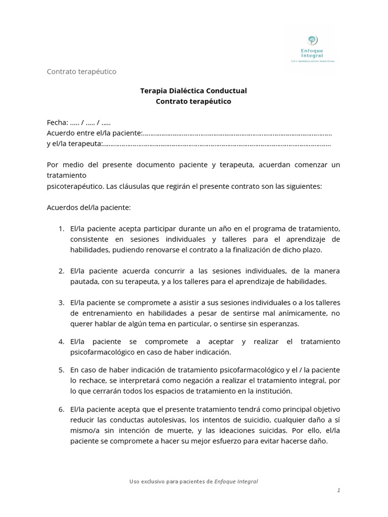 Contrato. Terapia Dialéctico Conductual | PDF | Suicidio | Terapia ...