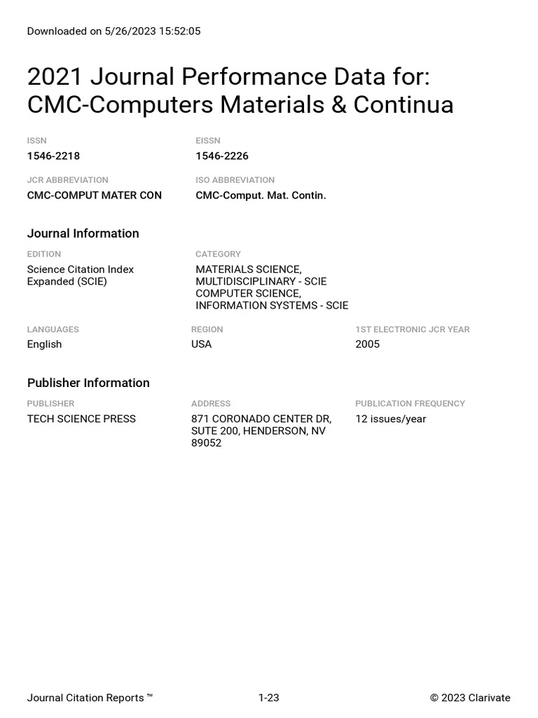 JCR - Cmc-Comput Mater Con - 2021 | PDF | Academic Journal | Citation