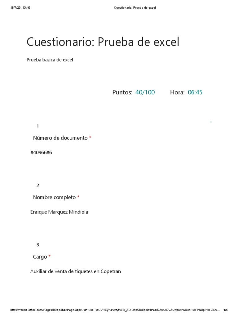 Cuestionario - Prueba de Excel | PDF | Microsoft Excel | Ciencias de la Computación