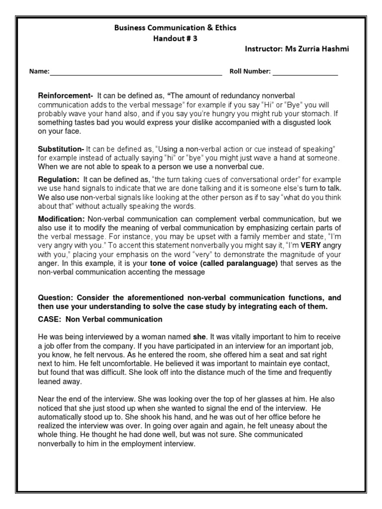 Worksheet caseStudyOfNonVerbalCommunication | PDF | Nonverbal ...