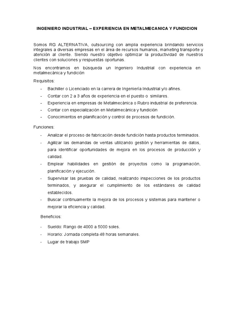 Perfil Ingeniero Industrial En Metalmecanica Y Fundicion Pdf