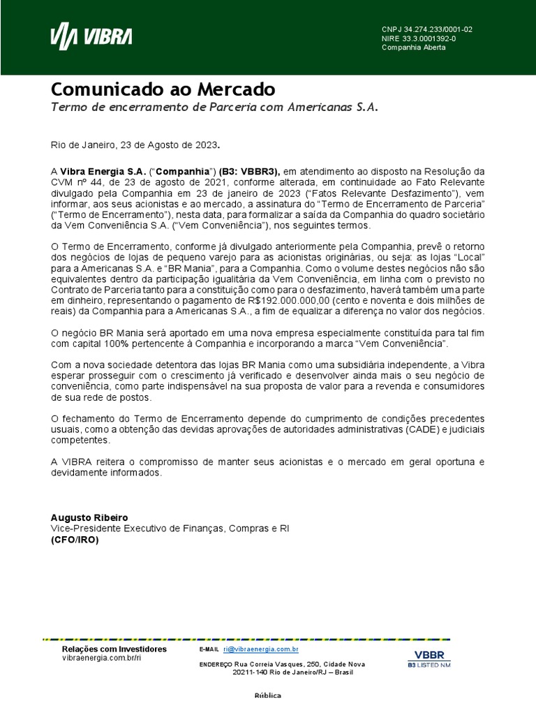 Comunicado Ao Mercado - Termo de Encerramento de Parceria Com Americanas S.A. | PDF