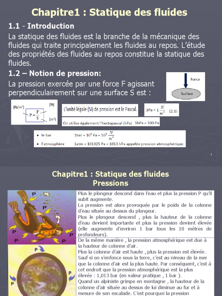 Chapitre 1 - Statique Des Fluides | PDF | Tension superficielle | Pression