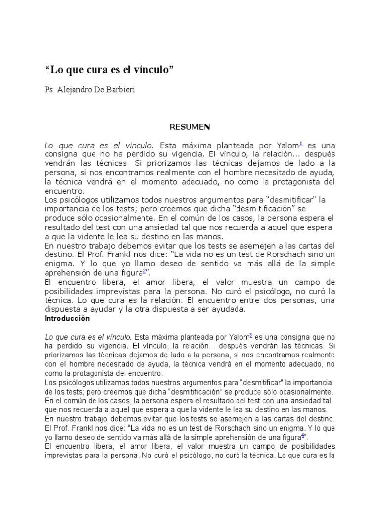 Logoterapia Lo Que Cura Es El Vinculo | PDF | Psicoterapia | Sigmund Freud