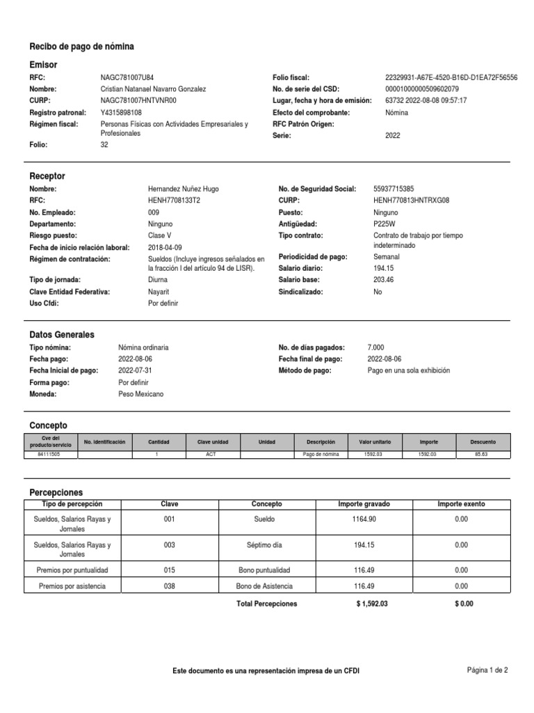 Recibo de Nómina Semanal | PDF | Salario | Economias