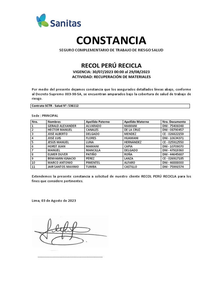 SCTR Salud Agosto Recol y Traperos de Emaus | PDF