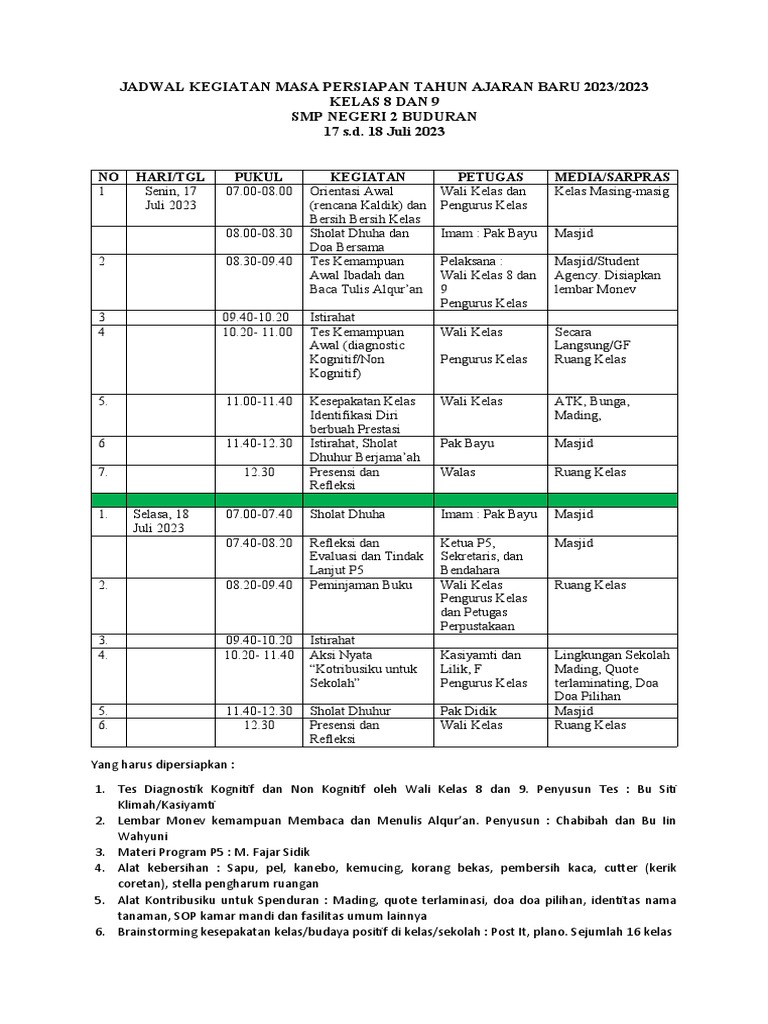 Draft Jadwal Kegiatan Masa Persiapan Tahun Ajaran Baru 2023 Kelas 8 Dan 9 | PDF
